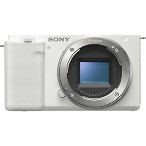 Sony ZV-E10 Mirrorless Camera (Body Only, White) (ILCZV-E10/W) + 64GB Card + Corel Photo Software + Bag + 2 x NPF-W50 Battery + External Charger + Card Reader + LED Light + HDMI Cable + More (Renewed)