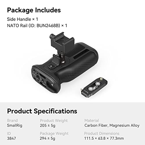 SmallRig NATO Side Handle Universal for Left and Right, 360° Rotating Side Grip with a NATO Rail, Quick Release Side Handgrip for Camera Cage, Only 205g Max. Load 5kg - 3847