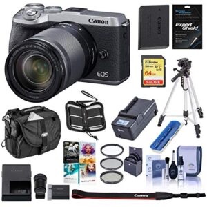 canon eos m6 mark ii mirrorless digital camera with ef-m 18-150mm is stm lens + evf-dc2 viewfinder, silver – bundle with 64gb sdxc u3 card, camera case, spare battery,tripod, compact charger, and more