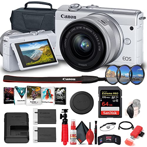 Canon EOS M200 Mirrorless Digital Camera with 15-45mm Lens (White) (3700C009) + 64GB Card + Case + Filter Kit + Photo Software + LPE12 Battery + Charger + Card Reader + More (Renewed)