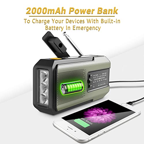 Emergency Radio Hand Crank Solar, Wind Up Solar Radio Flashlight Cell Phone Charger 2000mAh Battery Portable AM/FM/NOAA Weather Radio SOS Alarm for Camping Hurricane Earthquake Home &Outdoor Emergency