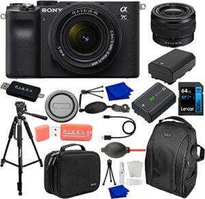 sony alpha a7c compact mirrorless camera with fe 28–60 mm f4–5.6 lens, 2 x extra li-ion batteries, 64gb sdxc card, backpack, handy case, tripod,+ more