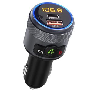 lencent car fm transmitter, wireless bluetooth 5.1 radio adapter car kit with big button, type c pd 20w and qc3.0 18w car fast charger, bass lossless hi-fi sound music streaming, wireless call