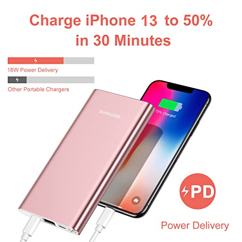 10000mAh PD 3.0 Power Bank Portable Charger Quick Charge USB C 18W Fast Charging Battery Pack Compatible for iPhone 14 13 12 11 X XS Pro MAX XR 8 iPad Mini Samsung Galaxy S20 S10 S9 S8 Smartphone Pink