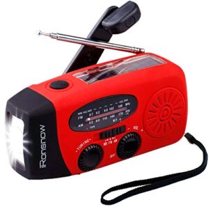 【2023 upgraded】 ironsnow solar hand crank radio am/fm/noaa/wb weather emergency radio, dynamo led flashlight 2000mah power bank for iphone/android smart phone sos alarm (ir086 red)