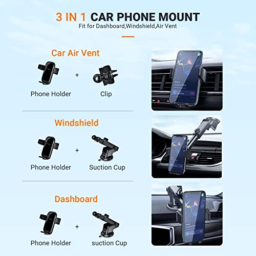 Car Phone Mount, [Thick Case & Big Phones Friendly] Air Vent Long Arm Suction Cup Phone Holder for Car Dashboard Windshield Universal Cell Phone Holder Compatible with All Mobile Phones