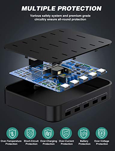 Charging Station for Multiple Devices, 50W Multi USB Charger Station,5 Ports Charging Dock with 8 Short Mixed Cables Watch & Airpod Stand Included for iPhone, iPad, Cell Phone, Tablets