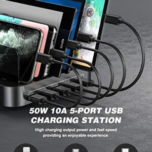 Charging Station for Multiple Devices, 50W Multi USB Charger Station,5 Ports Charging Dock with 8 Short Mixed Cables Watch & Airpod Stand Included for iPhone, iPad, Cell Phone, Tablets