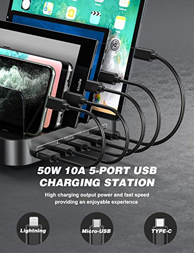 Charging Station for Multiple Devices, 50W Multi USB Charger Station,5 Ports Charging Dock with 8 Short Mixed Cables Watch & Airpod Stand Included for iPhone, iPad, Cell Phone, Tablets