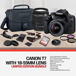 Canon Rebel T7 DSLR Camera with 18-55mm Lens Kit and Sandisk 64GB Ultra Speed Memory Card, Creative Lens Filters, Carrying Case | Limited Edition Bundle (Renewed)