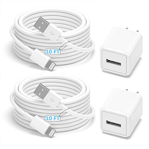 Apple MFi Certified iPhone Charger 10 FT,2Pack Extra Long Lightning Cable,iPhone Charging Transfer Cord with USB Plug Wall Charger Cube Travel Adapter for iPhone 12 11 Pro Max SE Xs X 10 8 7 6 Plus 5S