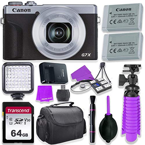 Canon PowerShot G7 X Mark III Camera w/ 1 Inch Sensor & 4k Video - Wi-Fi & Bluetooth Enabled (Silver) & LED Video Light, 64GB Transcend Memory Card, Extra Battery + Accessory Bundle (Renewed)