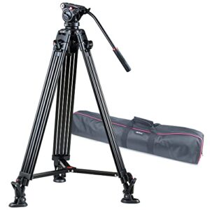 viltrox vx-18m professional heavy duty video camcorder tripod with fluid drag head and quick release plate, 74″ inch,max loading 10kg, with carrying bag,horseshoe shaped bracket