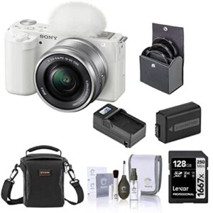 sony zv-e10 mirrorless camera with 16-50mm lens, white bundle with 128gb sd memory card, shoulder bag, np-fw50 battery, compact smart charger, 40.5mm filter kit, cleaning kit