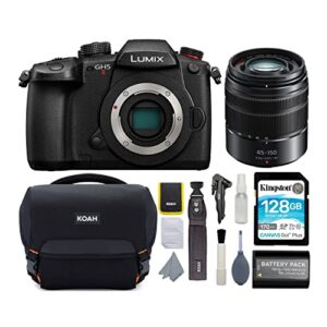 panasonic lumix gh5 ii mirrorless camera (body only) with panasonic 45-150mm lens, koah roebling camera bag kit, kingston 128gb sd card, and battery bundle (5 items)