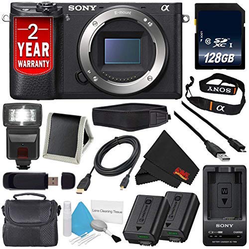 Sony Alpha a6300 Mirrorless Digital Camera (International Model) + NP-FW50 Replacement Lithium Ion Battery + External Rapid Charger + 128GB SDXC Class 10 Memory Card Bundle