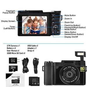 Digital Camera 30.0 MP Vlogging Camera 2.7K Full HD Vlog Camera with 3 Inch Flip Screen and Vlogging Camera for YouTube with 2 Batteries (1)