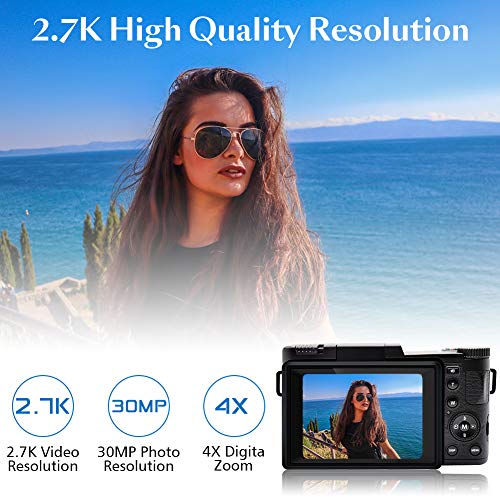 Digital Camera 30.0 MP Vlogging Camera 2.7K Full HD Vlog Camera with 3 Inch Flip Screen and Vlogging Camera for YouTube with 2 Batteries (1)