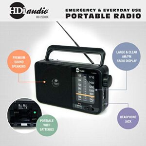 HDi Audio Home Portable AM/FM Radio, Battery Operated, Or AC Power, | Headphone Jack | Big Speaker | Large Operated Analog Radio | Black