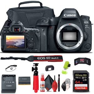 canon eos 6d mark ii dslr camera (body only) (1897c002), 64gb memory card, case, card reader, flex tripod, hand strap, cap keeper, memory wallet, cleaning kit (renewed)