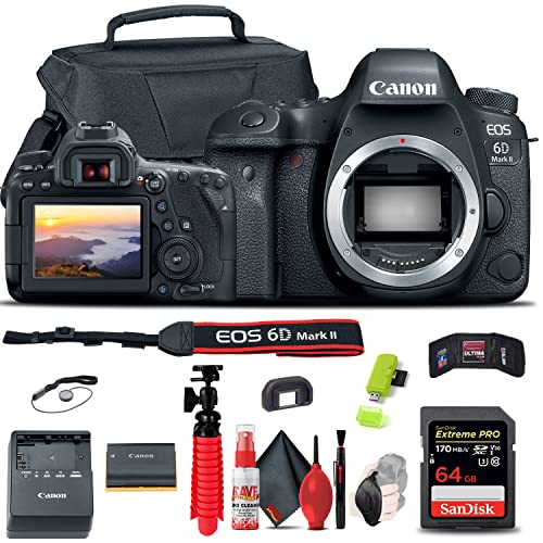 Canon EOS 6D Mark II DSLR Camera (Body Only) (1897C002), 64GB Memory Card, Case, Card Reader, Flex Tripod, Hand Strap, Cap Keeper, Memory Wallet, Cleaning Kit (Renewed)