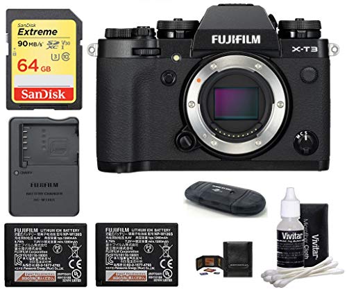 FUJIFILM X-T3 Mirrorless Digital Camera Body (Black) Bundle, Includes: SanDisk 64GB Extreme SDXC Memory Card, Spare Fujifilm NP-W126S Battery + More