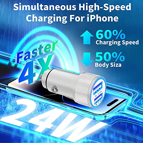 [Apple MFi Certified] iPhone Car Fast Charger, 4.8A Dual Port USB All Metal Smart Adapter with 2Pack Lightning Cable Power Quick Charging, for iPhone 14 13 12 11 Pro Max X XR XS 8 7 Plus iPad/AirPods