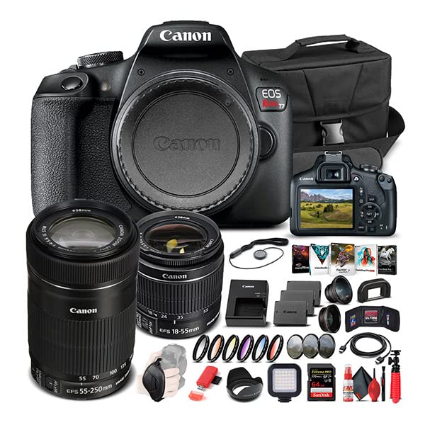 Canon EOS Rebel T7 DSLR Camera with 18-55mm Lens (2727C002), EF-S 55-250mm Lens, 64GB Memory Card, Case, Corel Photo Software, 2 x LPE10 Battery, Card Reader, LED Light + More (Renewed)