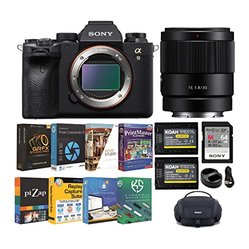 Sony Alpha 9 II Mirrorless Full Frame Interchangeable-Lens Camera Bundle with 35mm f/1.8 E-Mount Lens, Dual Battery and Chargers, 64 GB Memory Card, Camera Bag, and Photo Software (6 Items)