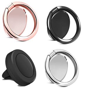 rngeo finger ring stand & magnetic mount set, pack of 4 universal thin 360 degree rotation phone rings & air vent cell phone holder for car, compatible with all iphone & android smartphones