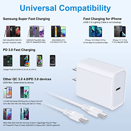 USB C Wall Charger,20W PD Fast Charger Block Box Brick & 6ft Type C Cable for Samsung Galaxy A53 5G,A52,A14,A23,A32,A13,A12,A03S,S23,S22 Ultra,S22,S21 FE 5G,S20,S10,S9,Google Pixel 7 7 Pro Pixel 6 Pro