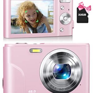 Digital Camera, Zostuic Autofocus 48MP Kids Camera with 32 GB Card Vlogging Camera with 16X Zoom, 1080P Compact Portable Mini Cameras for 4-15 Year Old Kid Children Teen Student Girls Boys(Pink)