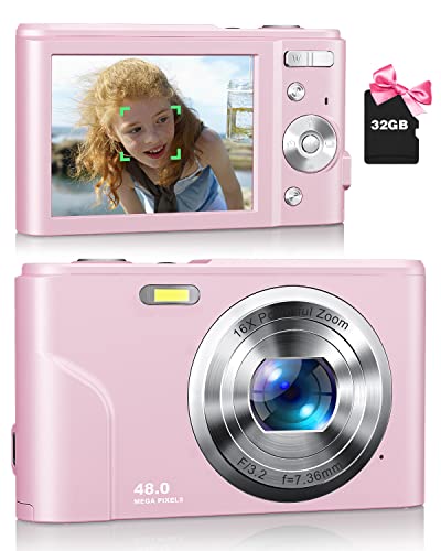 Digital Camera, Zostuic Autofocus 48MP Kids Camera with 32 GB Card Vlogging Camera with 16X Zoom, 1080P Compact Portable Mini Cameras for 4-15 Year Old Kid Children Teen Student Girls Boys(Pink)