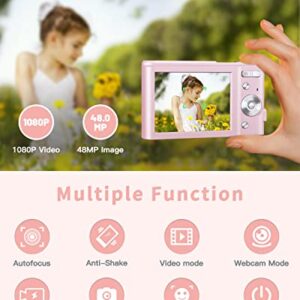 Digital Camera, Zostuic Autofocus 48MP Kids Camera with 32 GB Card Vlogging Camera with 16X Zoom, 1080P Compact Portable Mini Cameras for 4-15 Year Old Kid Children Teen Student Girls Boys(Pink)