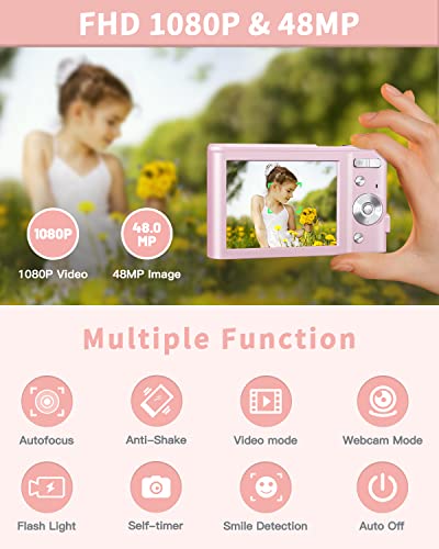 Digital Camera, Zostuic Autofocus 48MP Kids Camera with 32 GB Card Vlogging Camera with 16X Zoom, 1080P Compact Portable Mini Cameras for 4-15 Year Old Kid Children Teen Student Girls Boys(Pink)