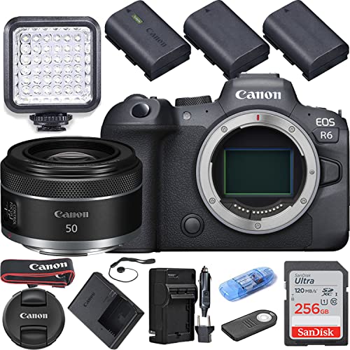 Camera Bundle for Canon EOS R6 Mirrorless Camera with RF 50mm f/1.8 STM Lens, 3 Batteries, LED Light, 256Gb High Speed Memory Card + Accessories Kit (Renewed)