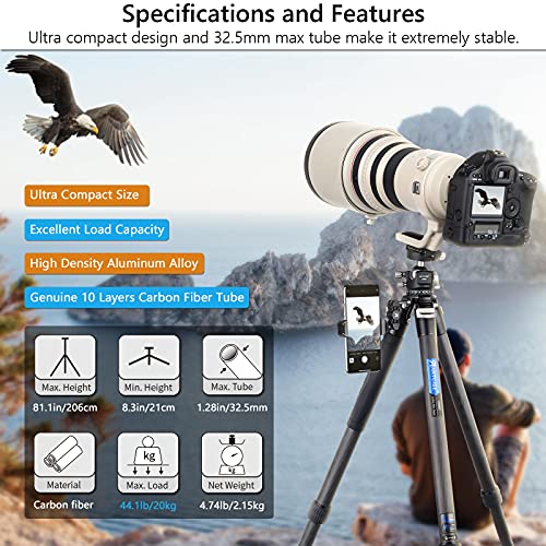 Carbon Fiber Heavy Duty Tripod ARTCISE 81'' Professional Tripod for Camera, 10-Layer Carbon Fibre Tube, 32.5mm Leg with Low Profile Tripod Ball Head for Canon Nikon Sony, DSLR SLR Digital Camcorder