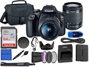 canon eos rebel t7 dslr camera w/canon ef-s 18-55mm f/3.5-5.6 zoom lens + case + sandisk 64gb memory card + 3pc filter kit + card reader + bluebirdsales cleaning kit (renewed)