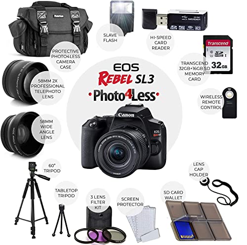 Canon EOS Rebel SL3 Digital SLR Camera (Black) + EF-S 18-55mm f/4-5.6 IS STM Lens + 58mm 2X Professional Telephoto & 58mm Wide Angle Lens + 64GB Memory Card + DC59 Case + Tripod + Slave Flash + Remote