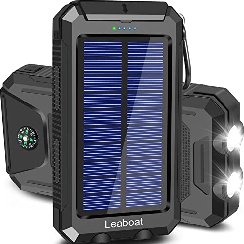 Solar Charger, Leaboat 20000mAh Portable Outdoor Waterproof Solar Power Bank, Camping External Backup Battery Pack Dual 5V USB Ports Output, 2 Led Light Flashlight with Compass (Black)