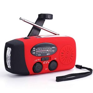 fm/am/noaa weather radio hand crank self powered solar emergency radios with 3 led flashlight 2000mah power bank smart phone charger (red)