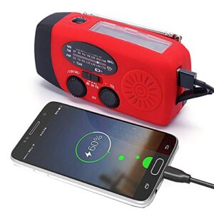 FM/AM/NOAA Weather Radio Hand Crank Self Powered Solar Emergency Radios with 3 LED Flashlight 2000mah Power Bank Smart Phone Charger (Red)