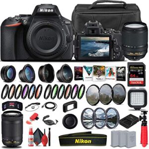 nikon d5600 dslr camera with 18-140mm lens (1577) + nikon 70-300mm lens + 64gb memory card + case + corel photo software + 2 x en-el14 a battery + card reader + led light + filter kit + more (renewed)