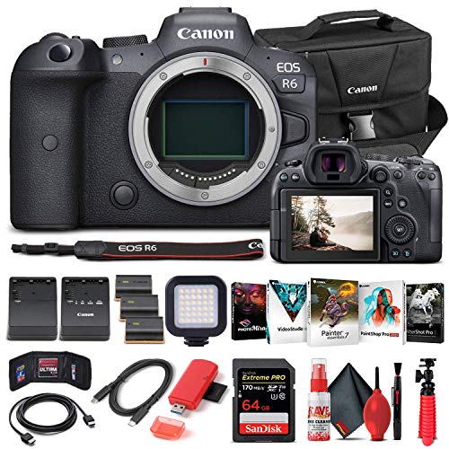 Canon EOS R6 Mirrorless Digital Camera (Body Only) (4082C002) + 64GB Memory Card + Case + Corel Software + 2 x LPE6 Battery + External Charger + Card Reader + LED Light + HDMI Cable + More (Renewed)