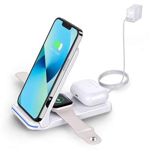 Wireless Charger, Wireless Charging Station for iPhone 14/13/12/11/Pro Max/X/XR/XS Max/8/Plus, 3 in 1 Wireless Charger Stand for Apple Watch, AirPods pro/2/3(White)