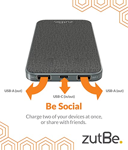 zutBe PowerTrip 10000mAh Portable Charger with 1 USB-C 2 USB-A Ports and 18W of Power Delivery PD Charge Any iPhone 14/13/12/11/ Samsung Galaxy iPad Pixel Switch and More (Wall Charger Not Included)