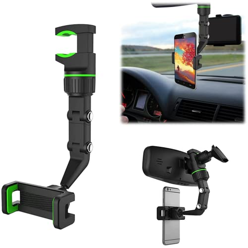 360° Multifunctional Rearview Mirror Phone Holder - Rearview Mirror Phone Mount, Smartphone Stand and Vehicle Back Seat Mobile Phone Holder Compatible with All Cell Phones (1 Pack - Green)