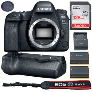 canon eos 6d mark ii full frame digital slr camera body bundle + 128gb ultra high speed memory + battery grip and extra battery (renewed)