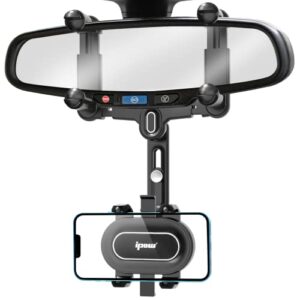 ipow large rearview mirror phone holder for car 360°rotatable and retractable, 2022 upgraded four corners fixed anti-shake multifunctional design for all phones and all car rearview mirror with button