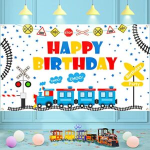 train theme happy birthday banner backdrop train party decorations for boy girl kid train birthday party supplies railroad train crossing themed party backdrop background decorations 71 x 44 inch